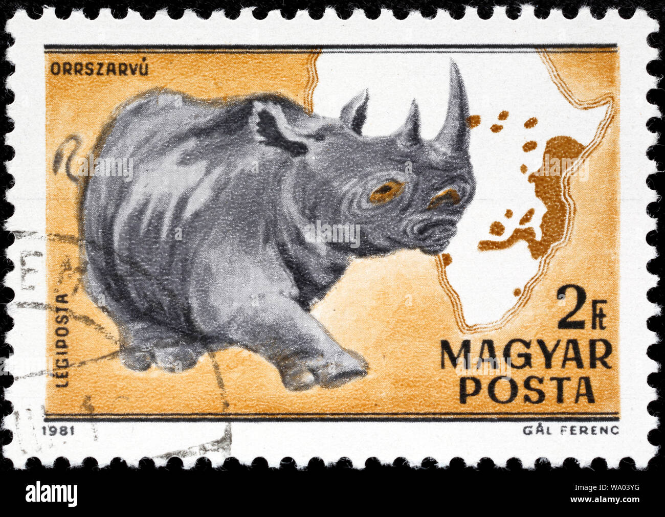 Black Rhinoceros, Diceros bicornis, postage stamp, Hungary, 1981 Stock ...