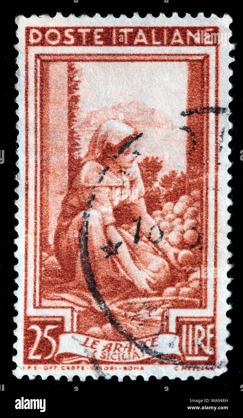 Sicily, collecting of oranges, postage stamp, Italy, 1950 Stock Photo ...