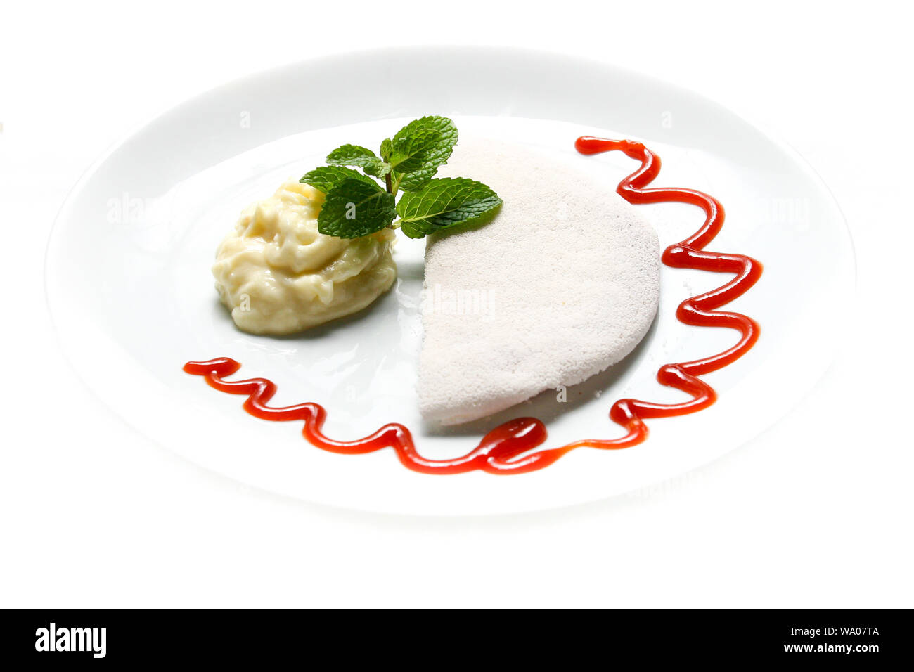 Delicious sweet tapioca with vanilla mousse, guava syrup and mint leaf ...