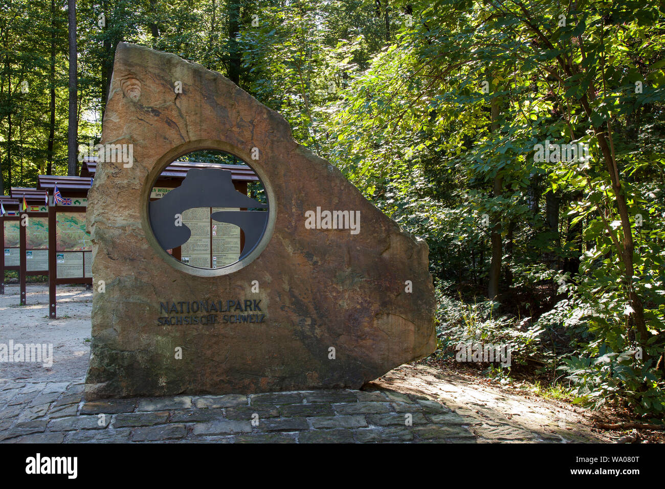 Stone on the rise to the bastion with lettering Saxon Switzerland ...