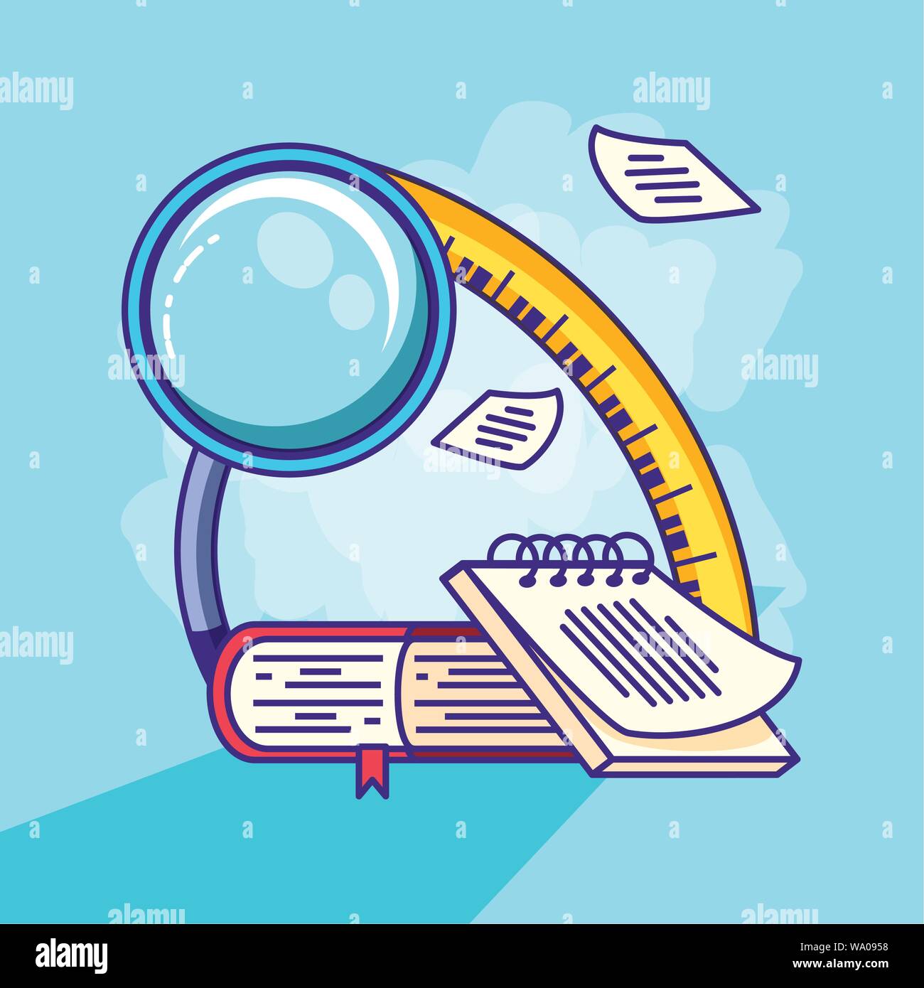 pile of library books with magnifying glass and rule vector ...