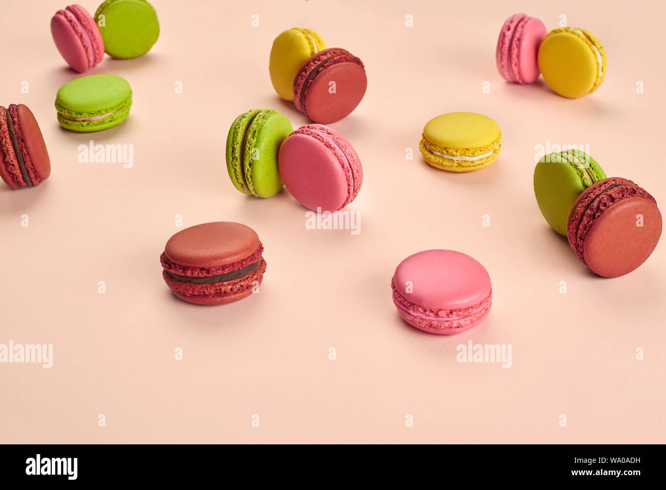 Side view of a colorful macarons or macaroons, sweet meringue-based ...