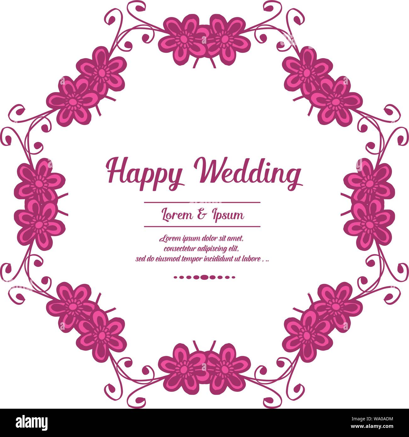 Shape of card happy wedding, pattern art pink wreath frame, isolated on ...