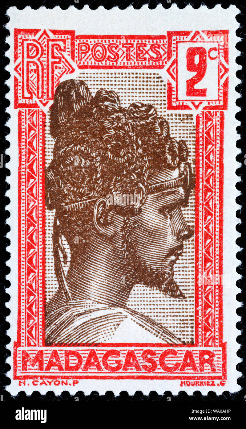 Sakalave chief, postage stamp, Madagascar, Malagasy, 1930 Stock Photo ...