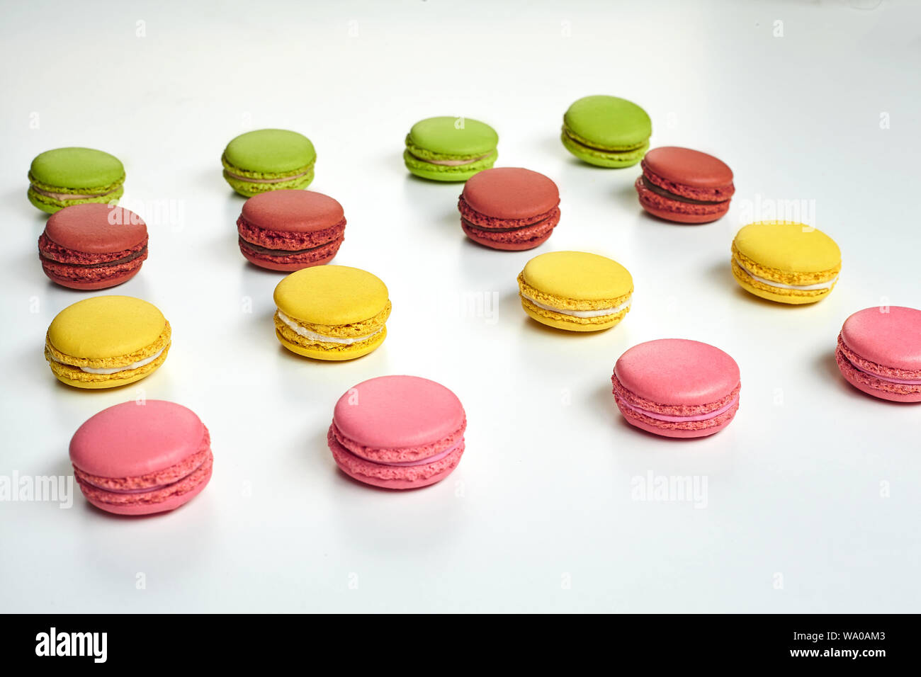 Side view of a piquant macarons or macaroons, sweet meringue-based ...