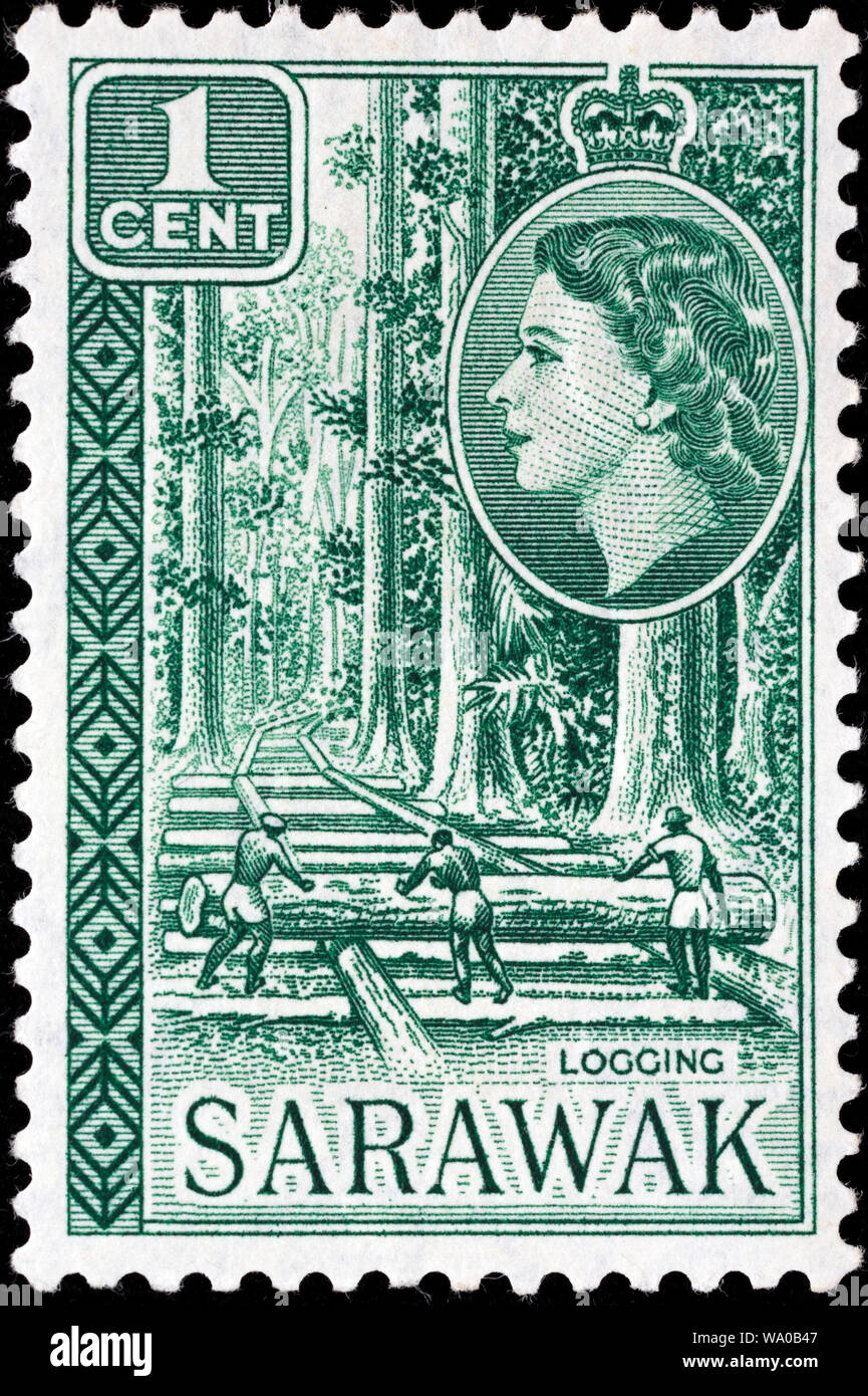 Logging, postage stamp, Sarawak, 1957 Stock Photo - Alamy