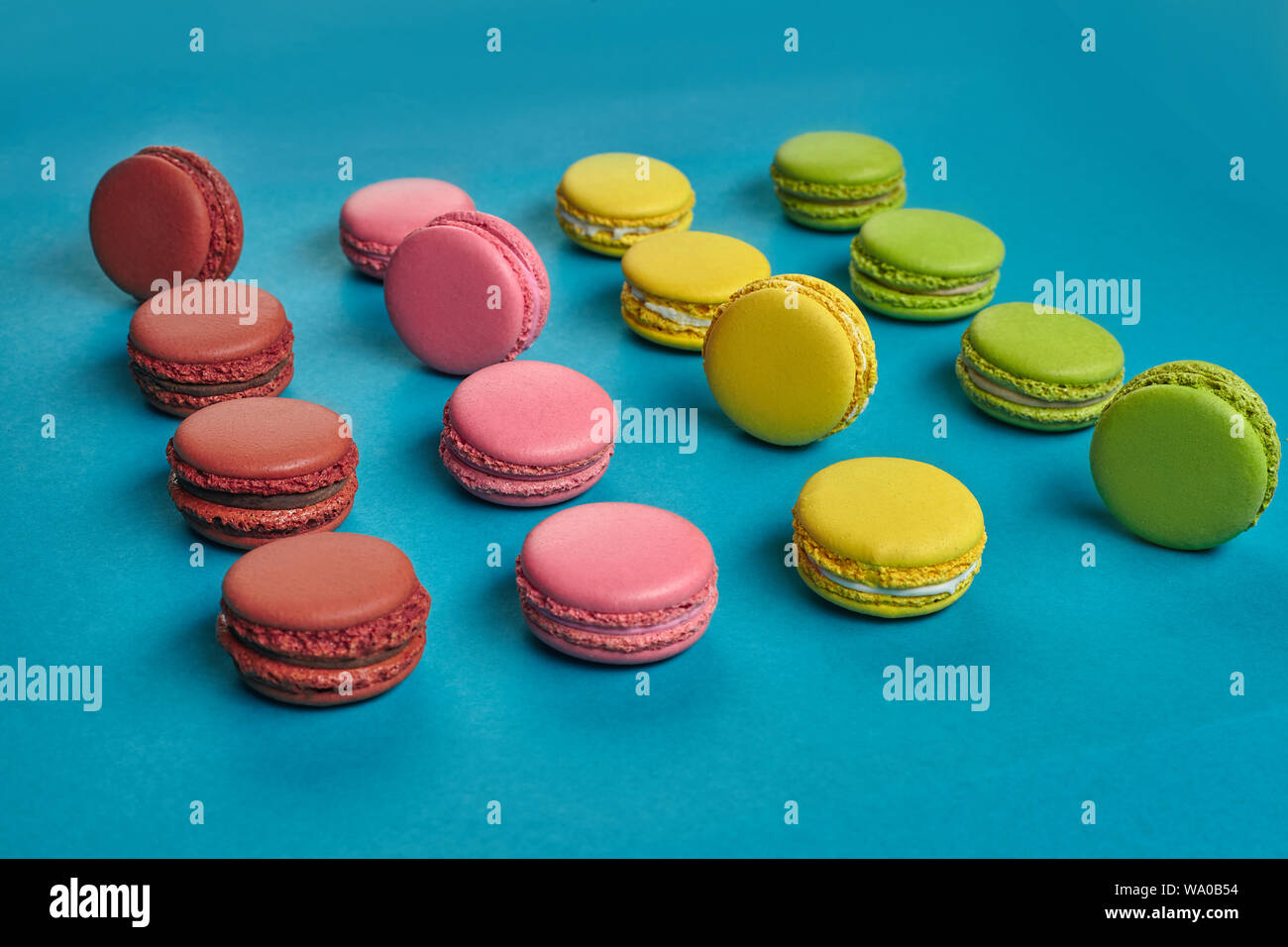 Side view of a colorful macarons or macaroons, sweet meringue-based ...