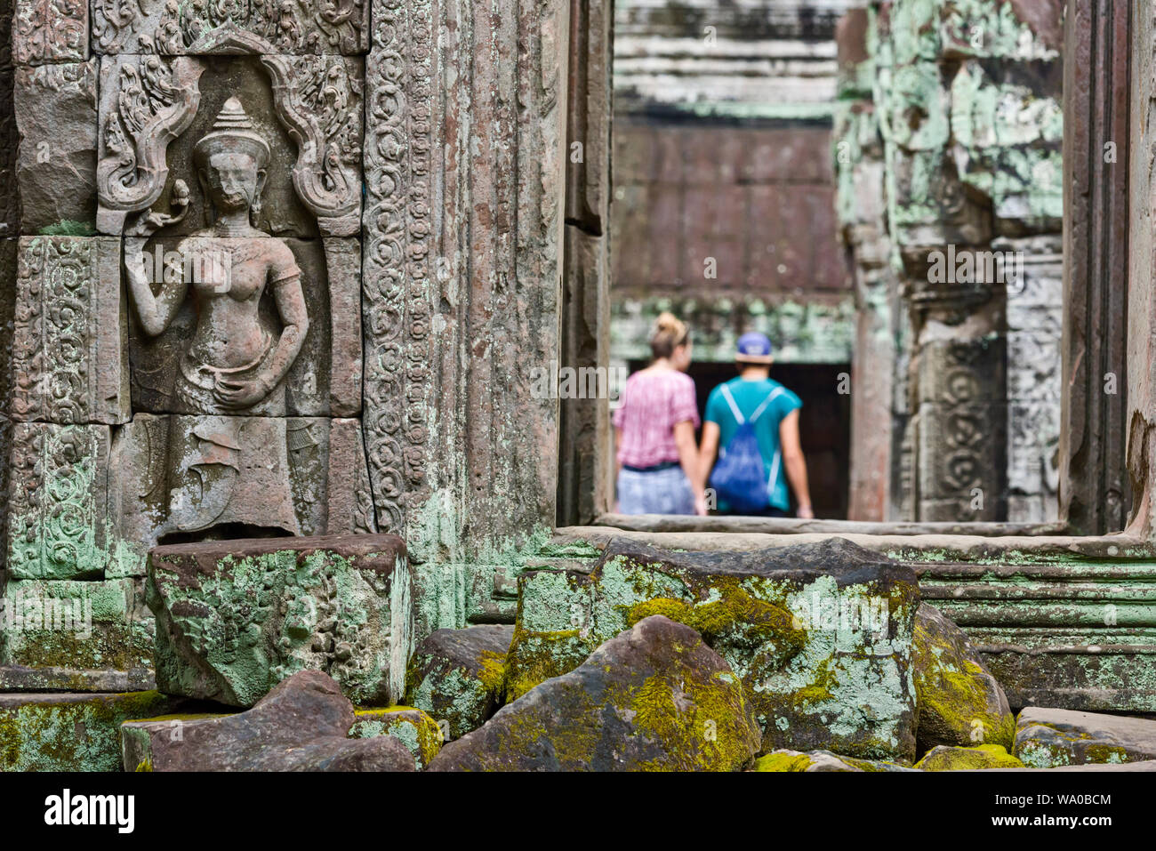 a statue of devata in Preah Khan temple, Khmer ruins in Angkor Thom, in ...