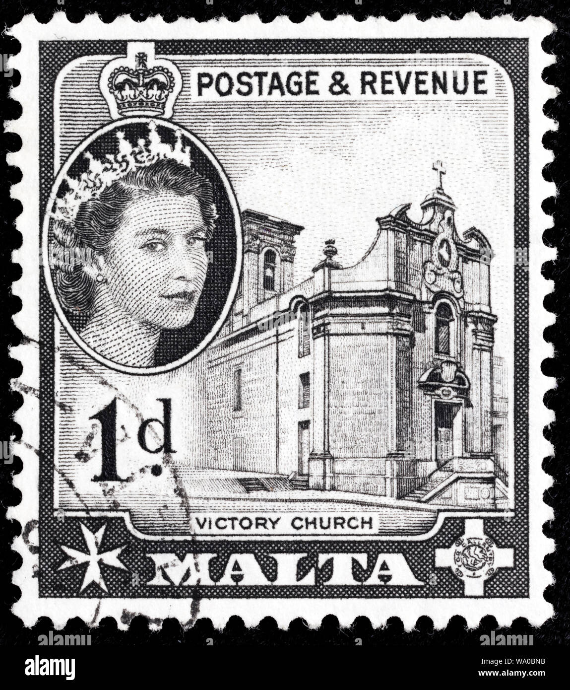 Queen Elizabeth II, Victory church, Valetta, postage stamp, Malta, 1956 ...