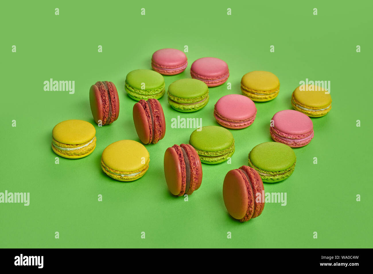 Side view of a colored macarons or macaroons, sweet meringue-based ...