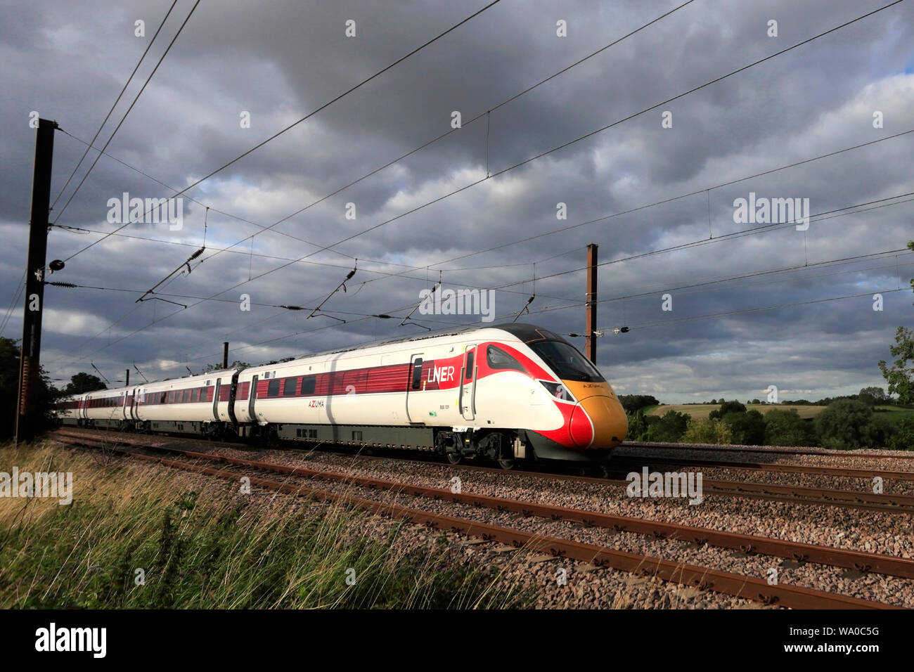 LNER Azuma train, Class 800, East Coast Main Line Railway, Grantham, Lincolnshire, England, UK ...