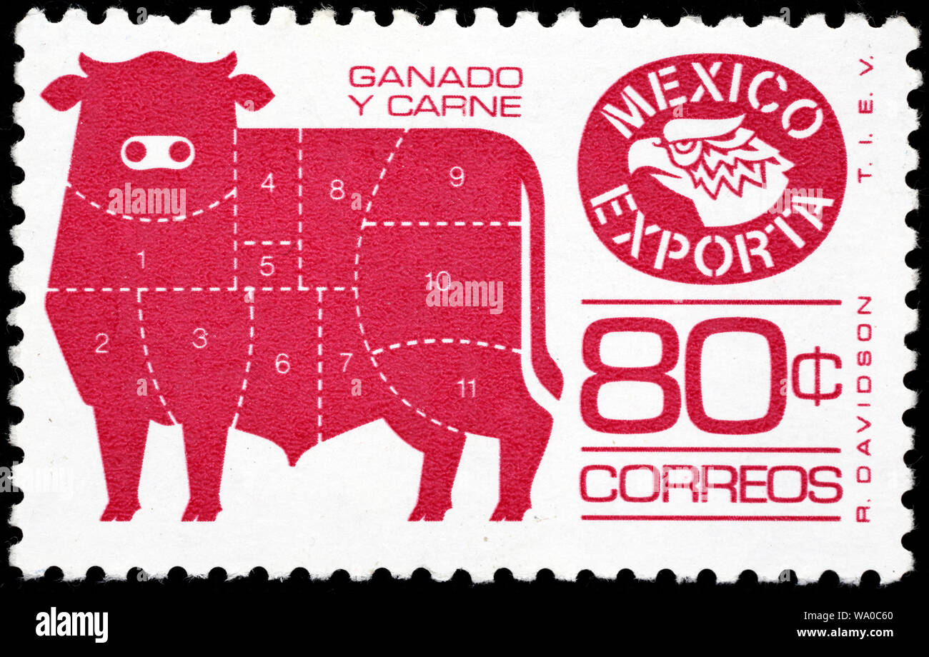Meat Cuts marked on steer, Mexican export, postage stamp, Mexico, 1975 ...
