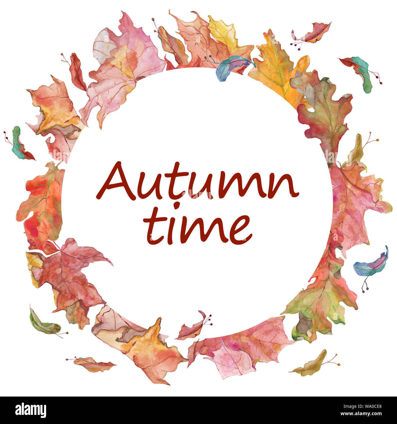 Watercolor hand drew autumn maple leaves and seeds in round frame ...