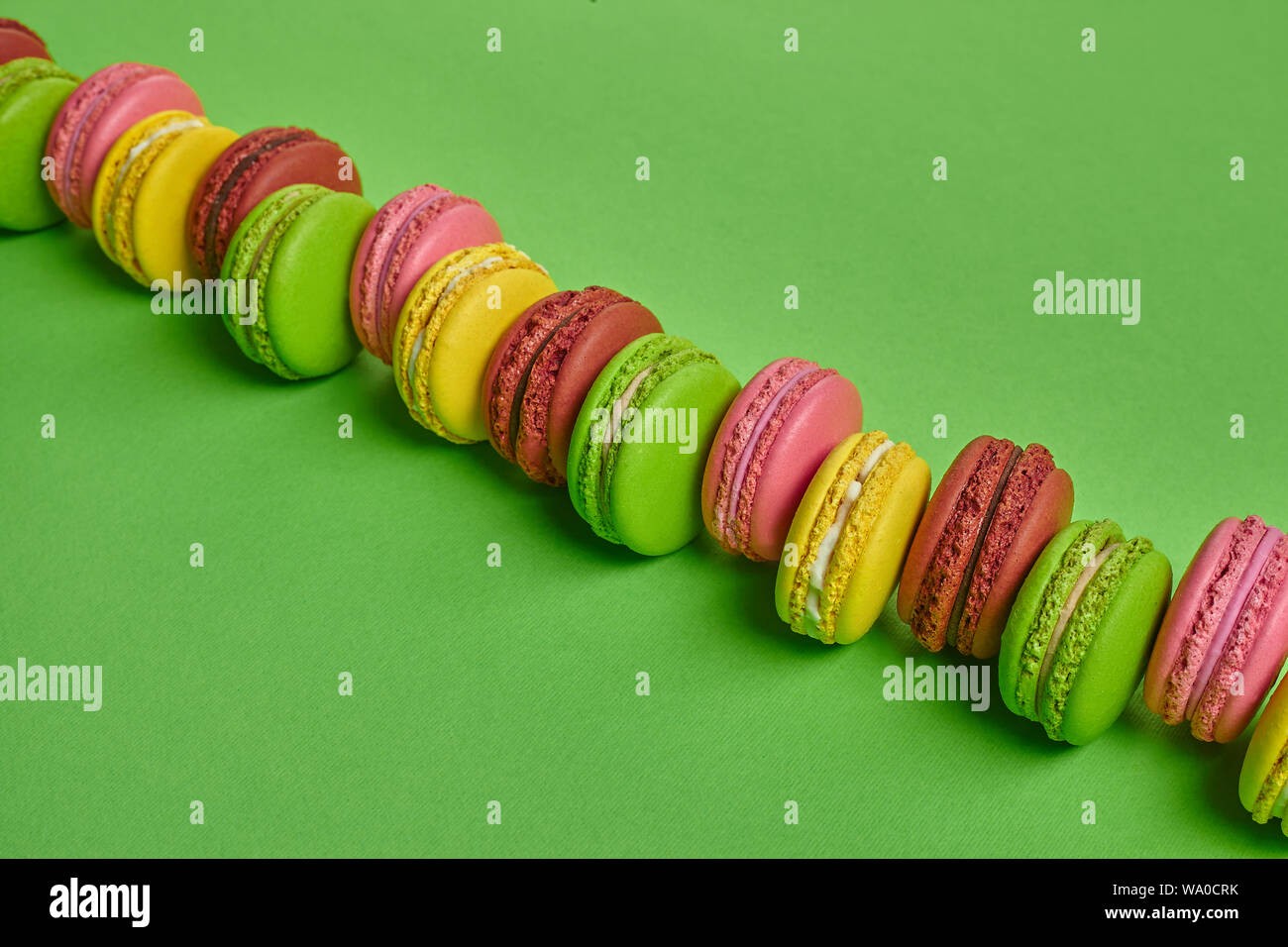 Side view of a piquant macarons or macaroons, sweet meringue-based ...