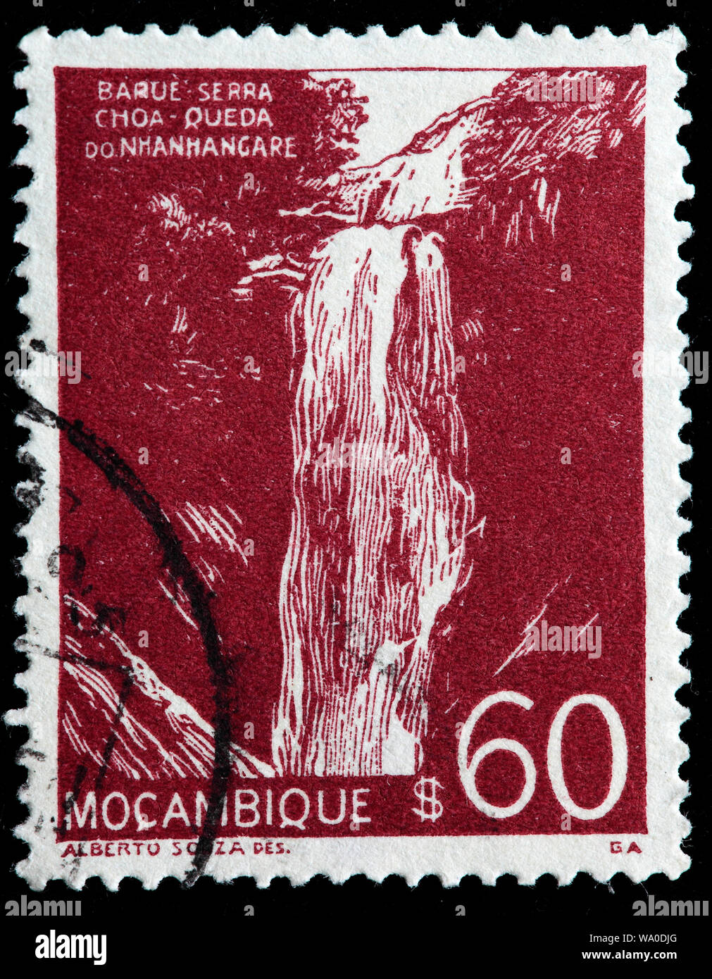 Waterfall in Nhanghangare, postage stamp, Mozambique, 1948 Stock Photo ...