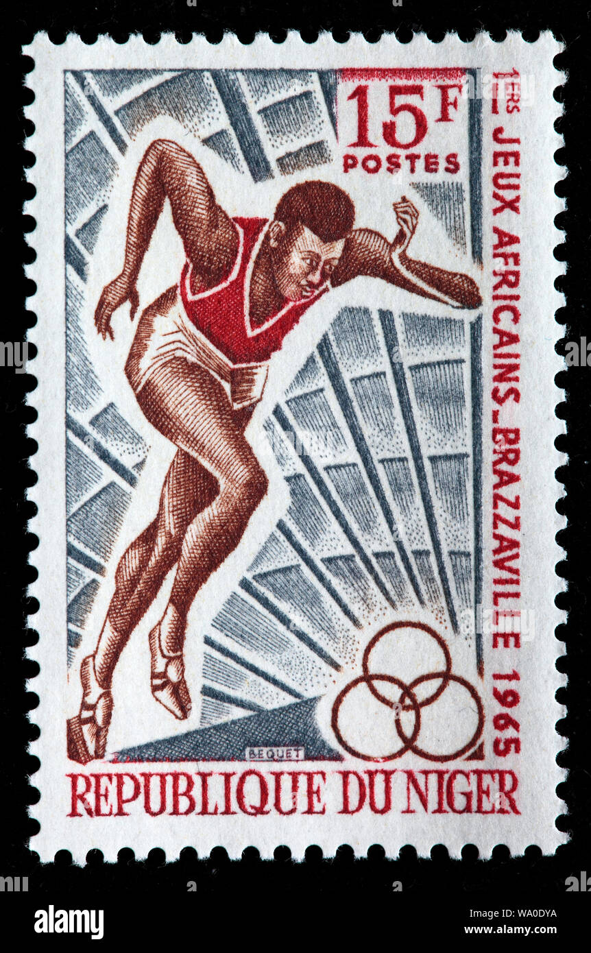 Runner, African Games, Brazzaville, postage stamp, Niger, 1965 Stock ...