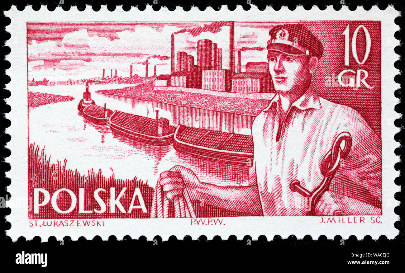 Sailor, tug, barge, Polish Merchant Navy, postage stamp, Poland, 1956 ...