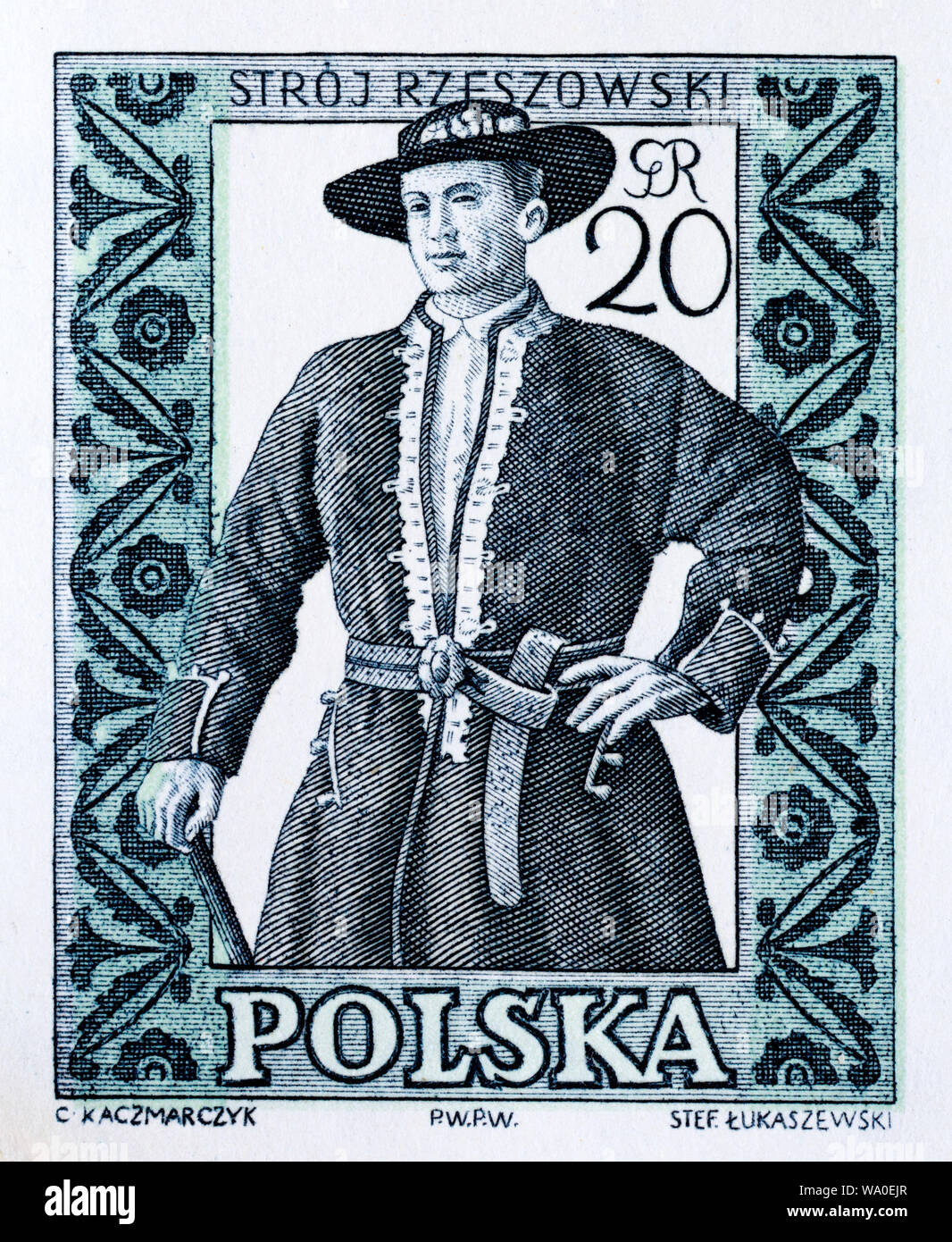 Traditional folk costume, Rzeszow, postage stamp, Poland, 1959 Stock ...