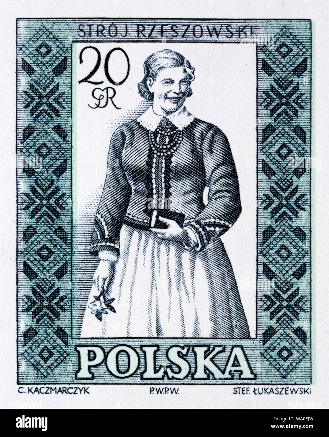 Traditional folk costume, Rzeszow, postage stamp, Poland, 1959 Stock ...