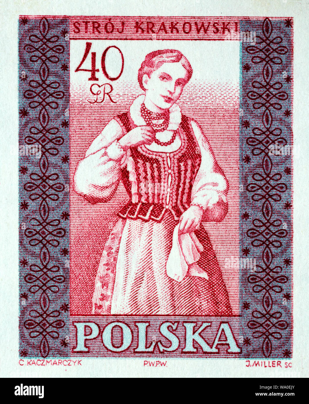 Traditional folk costume, Cracow, postage stamp, Poland, 1959 Stock ...