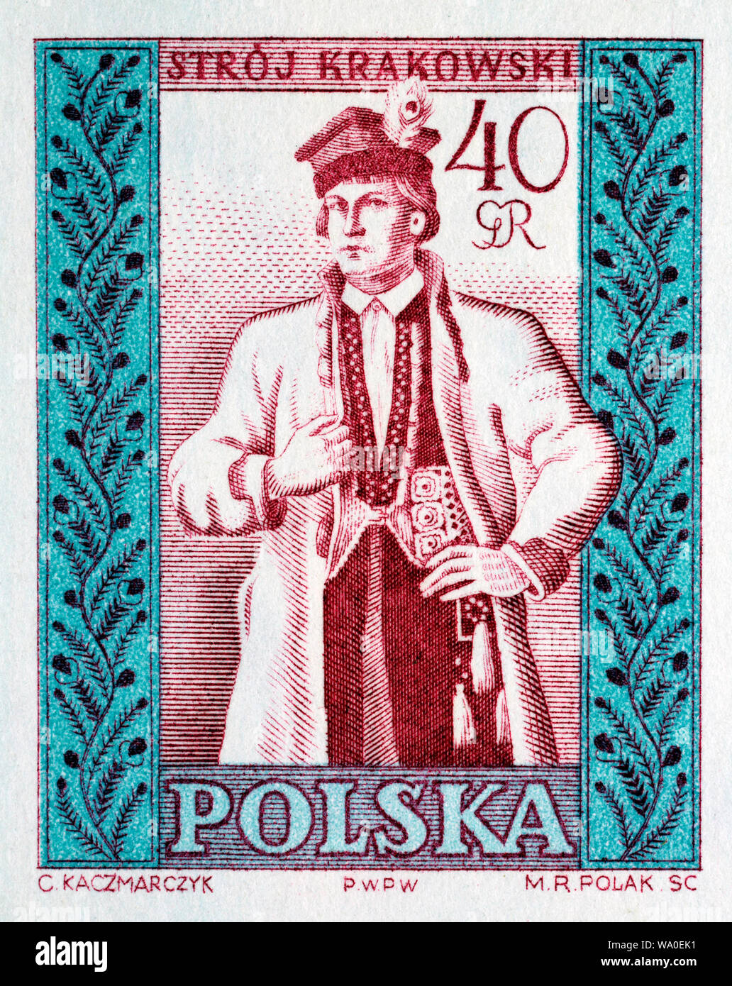 Traditional folk costume, Cracow, postage stamp, Poland, 1959 Stock ...