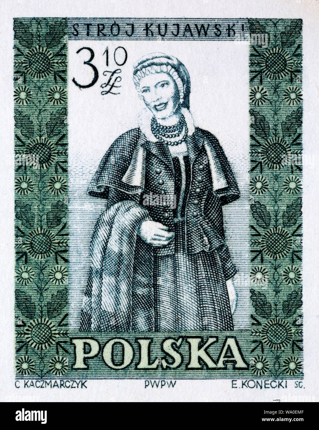Traditional folk costume, Kujawy, postage stamp, Poland, 1960 Stock ...
