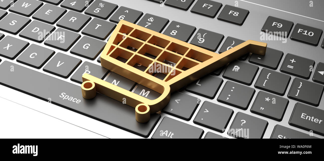 E shop, e commerce concept. Shopping cart trolley icon on a computer ...