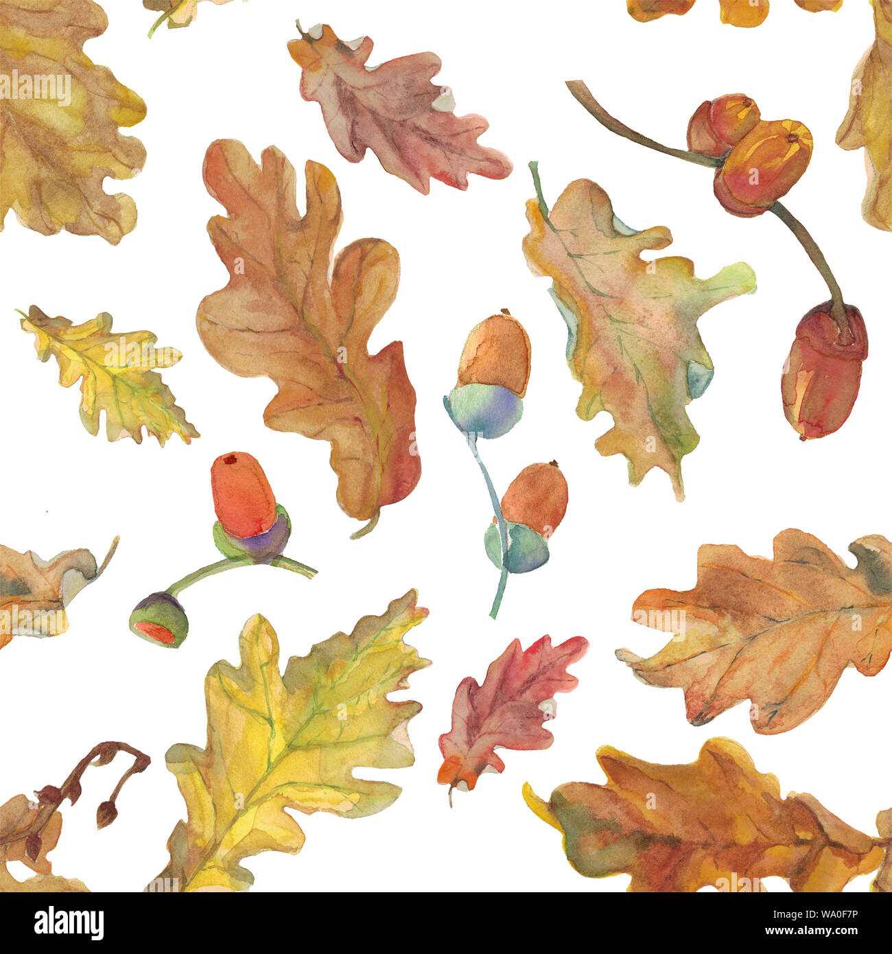Watercolor hand drew seamless tile with autumn oak leaves and acorns on ...