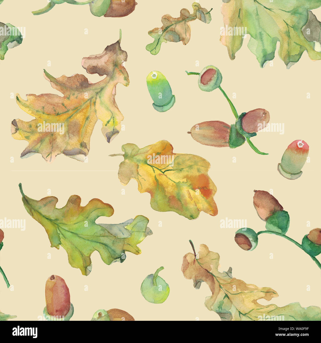 Watercolor hand drew seamless tile with autumn oak leaves and acorns on ...