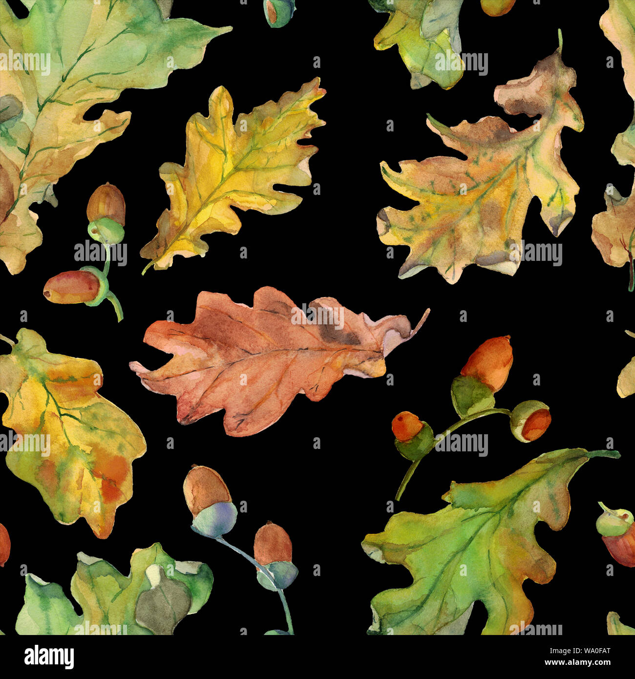 Watercolor hand drew seamless tile with autumn oak leaves and acorns on ...