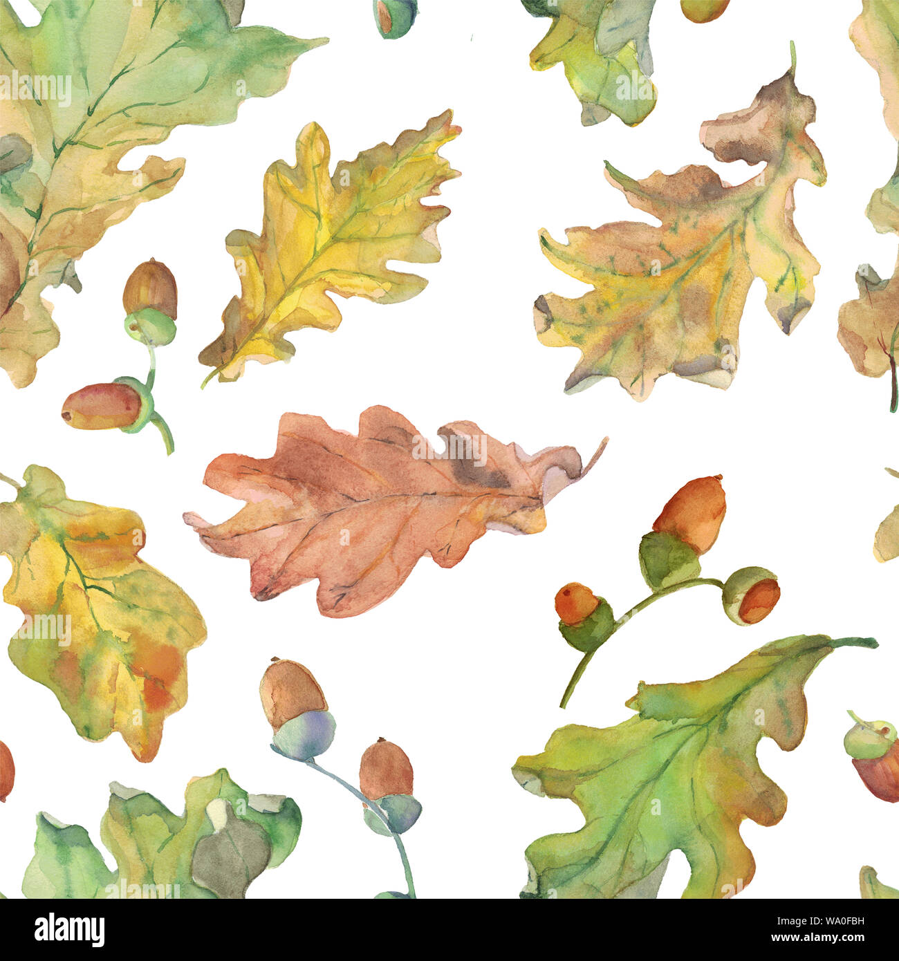 Watercolor hand drew seamless tile with autumn oak leaves and acorns on ...