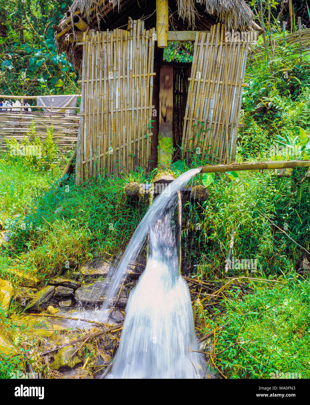Simple made of bamboo watering rice fields method around Sapa, Vietnam ...