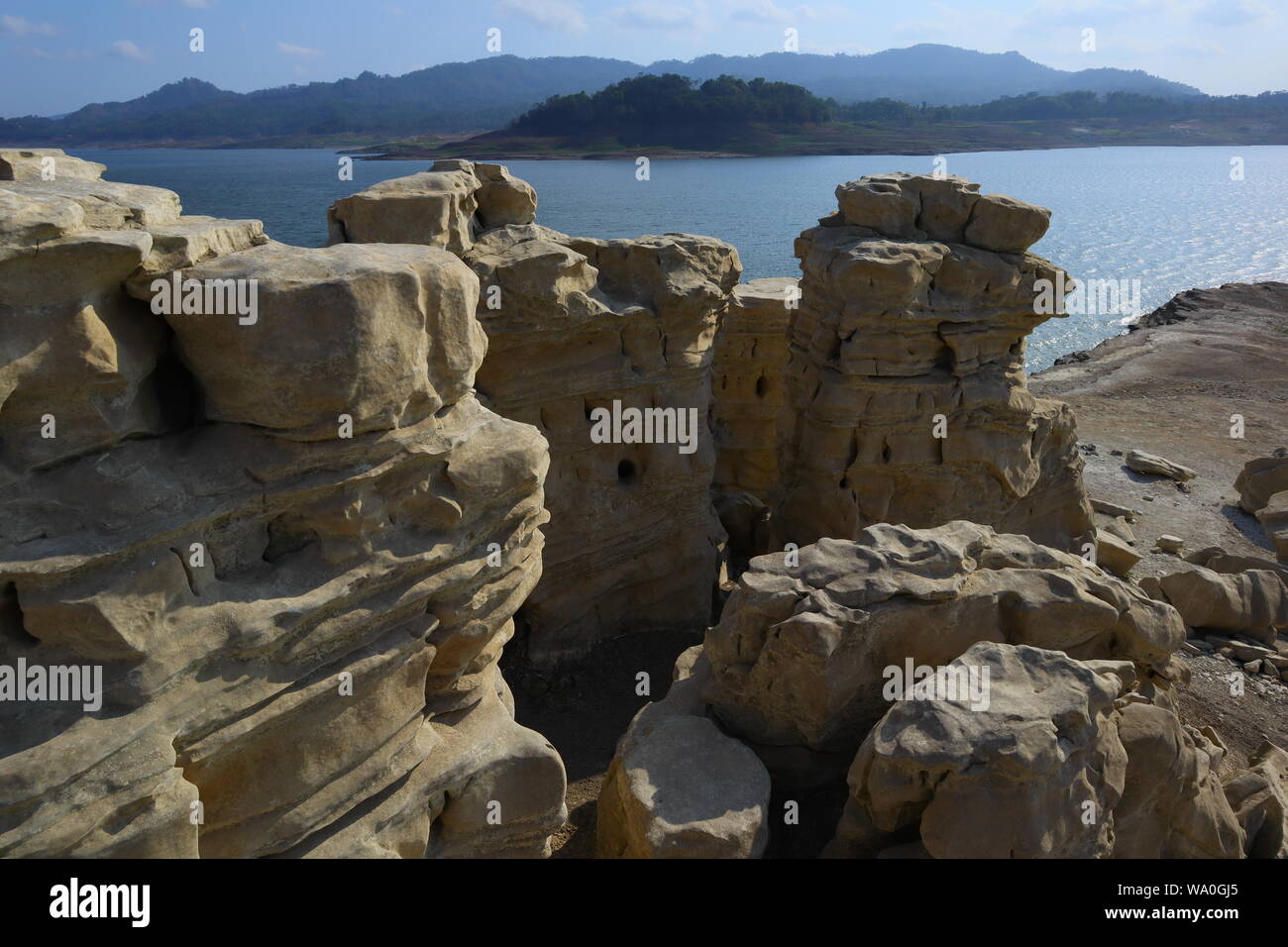 Wadaslintang Reservoir in Wonosobo District surrounded by rocks, the ...