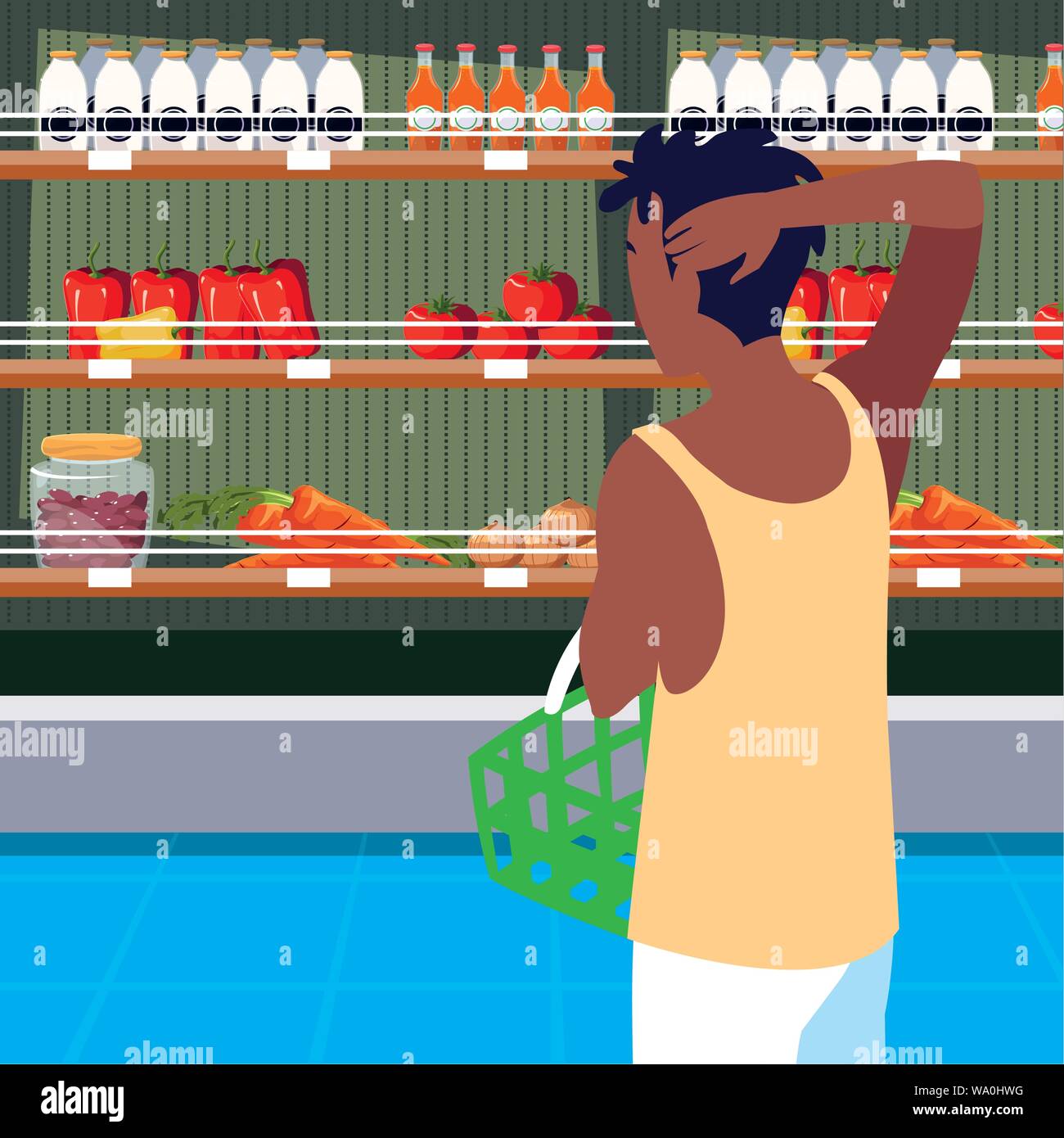 buyer with store wooden shelving with vegetables vector illustration ...