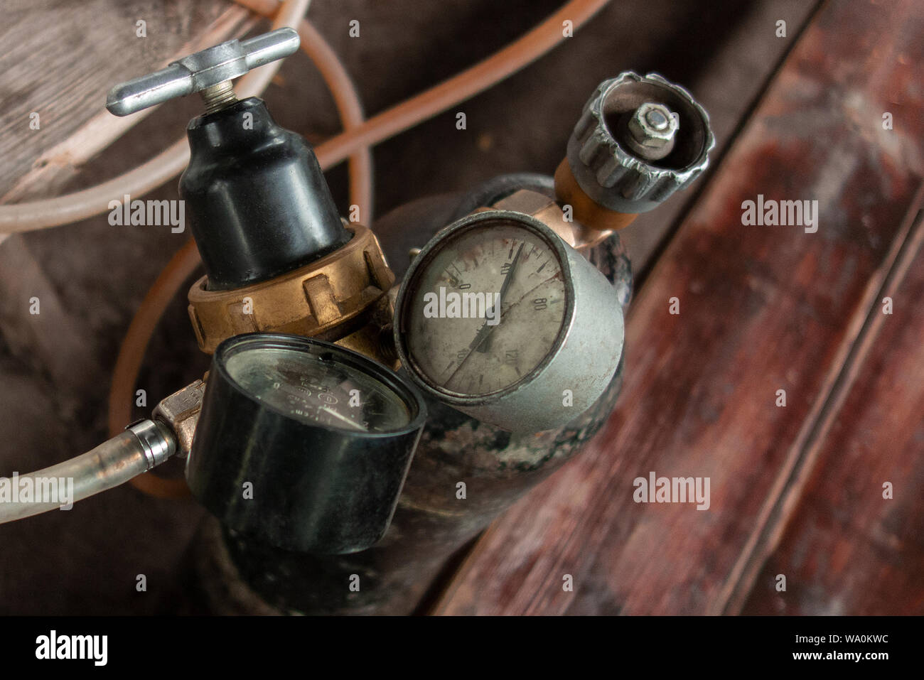 Pneumatic equipment close up. Manometers, valves, pressure vessel ...
