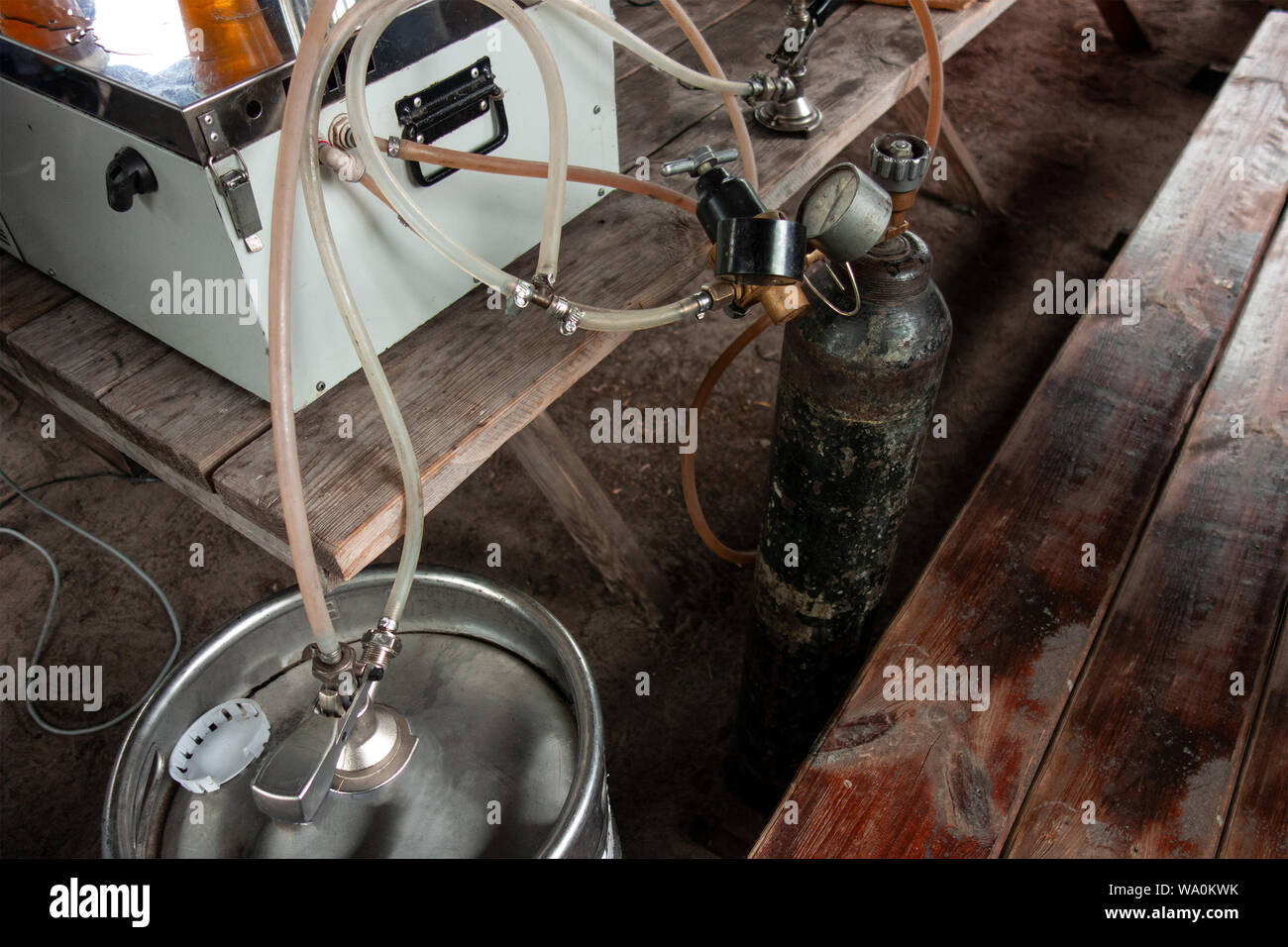 Movable draft beer pouring equipment for outdoor party or picnic. Close ...