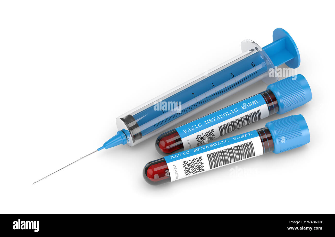 3d render of Basic Metabolic Panel blood tubes with syringe over white ...