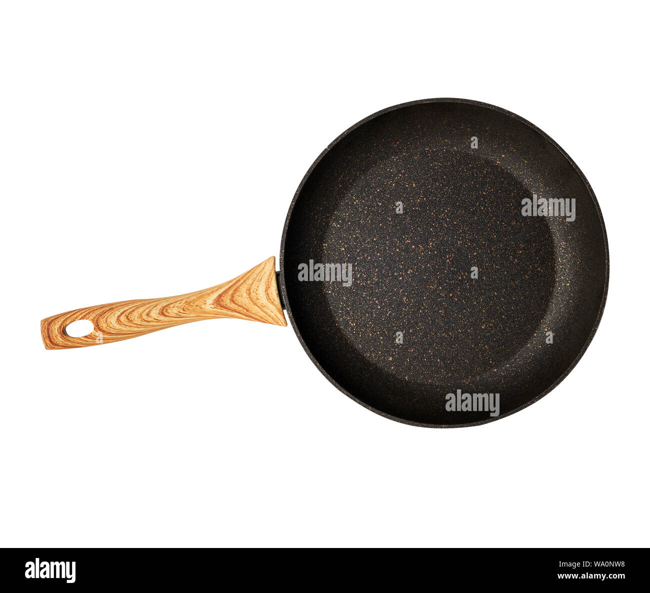 new empty frying pan with a brown handle isolated on a white background ...