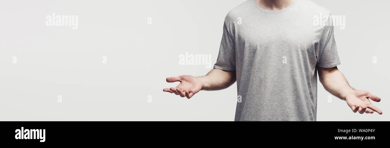 cropped view of man in grey t-shirt showing shrug gesture isolated on ...