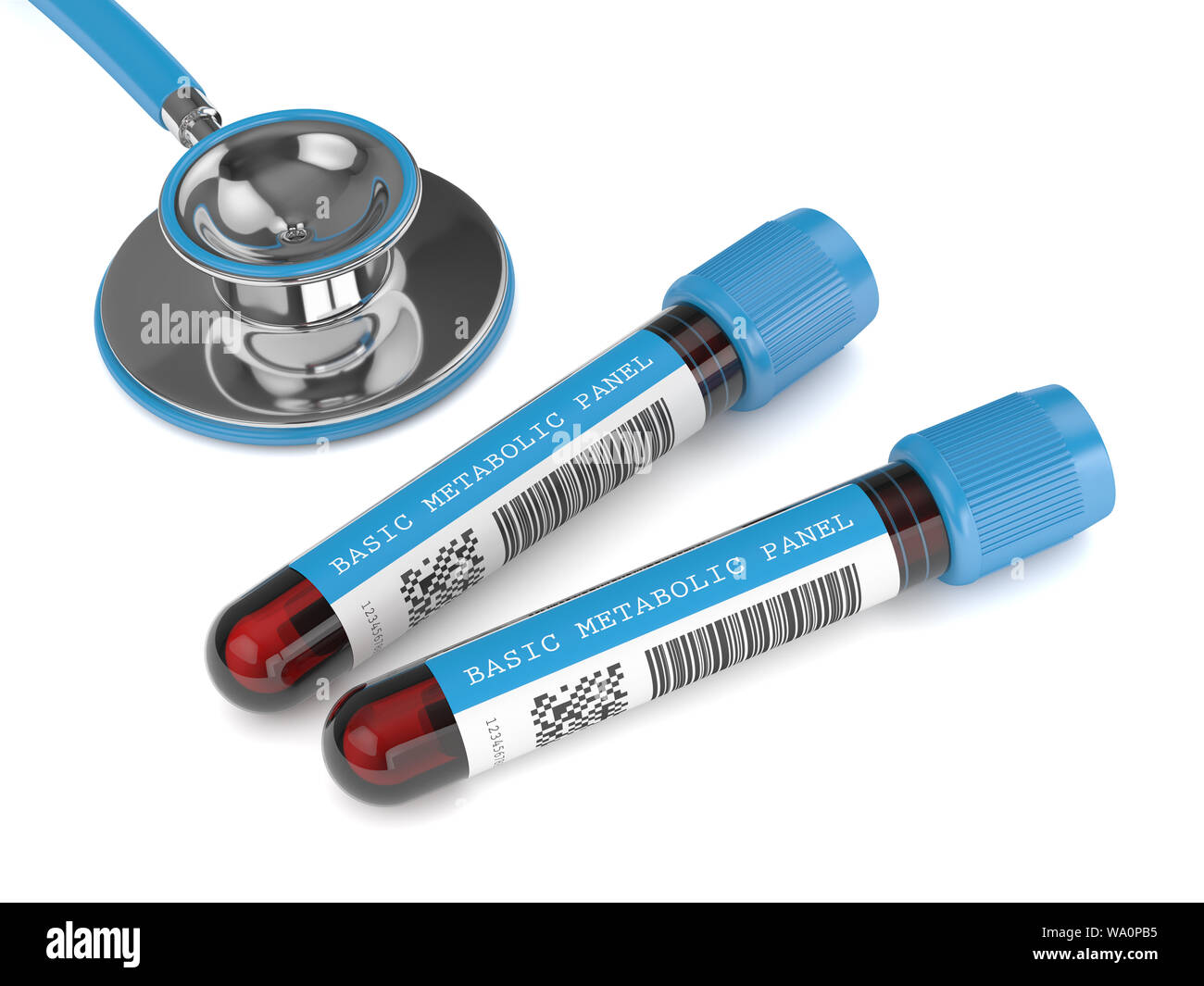 3d render of Basic Metabolic Panel blood tubes with stethoscope over ...