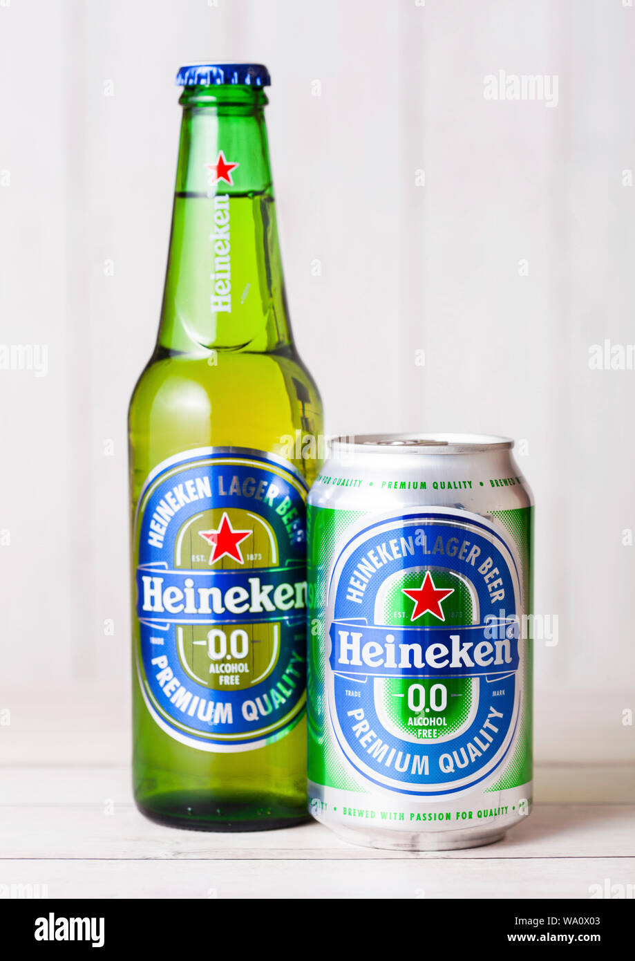 LONDON, UK - APRIL 27, 2018: Bottle and aluminium can of Heineken Non ...