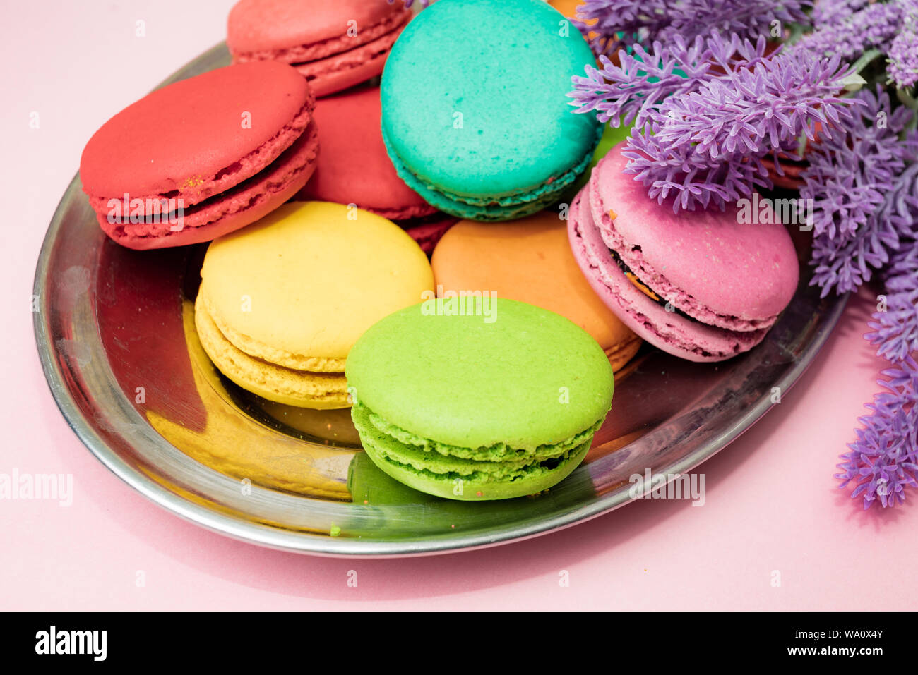 french macaron cakes composition with lavender flowers Stock Photo - Alamy