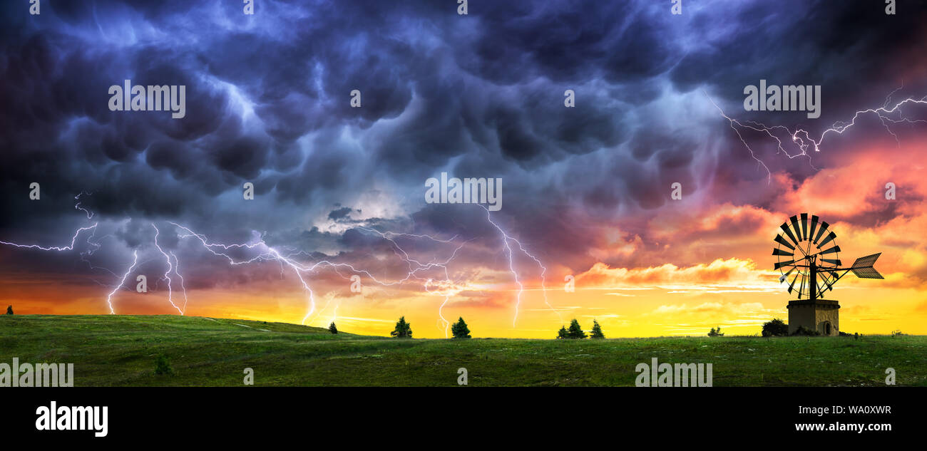 Thunderstorm And Lightning At Sunset In Country Field Stock Photo - Alamy