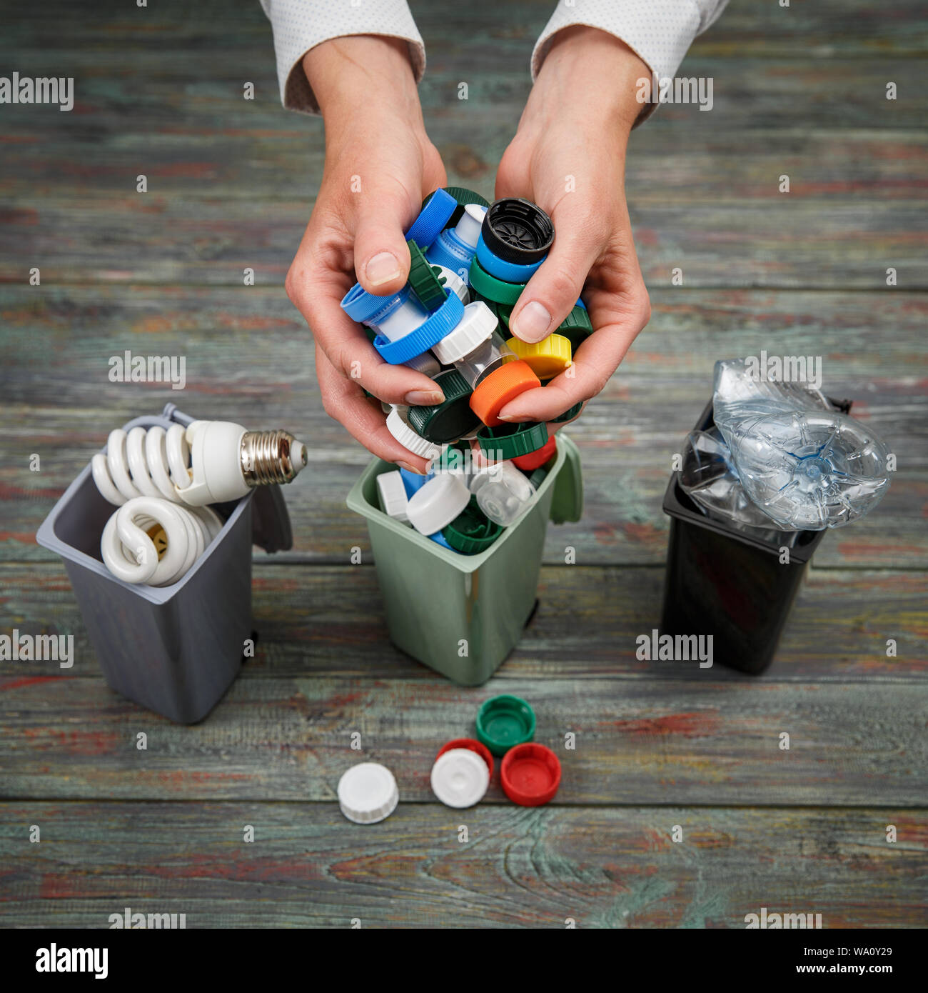 Ecology concept, a lot of recyclable objects in containers on the ...