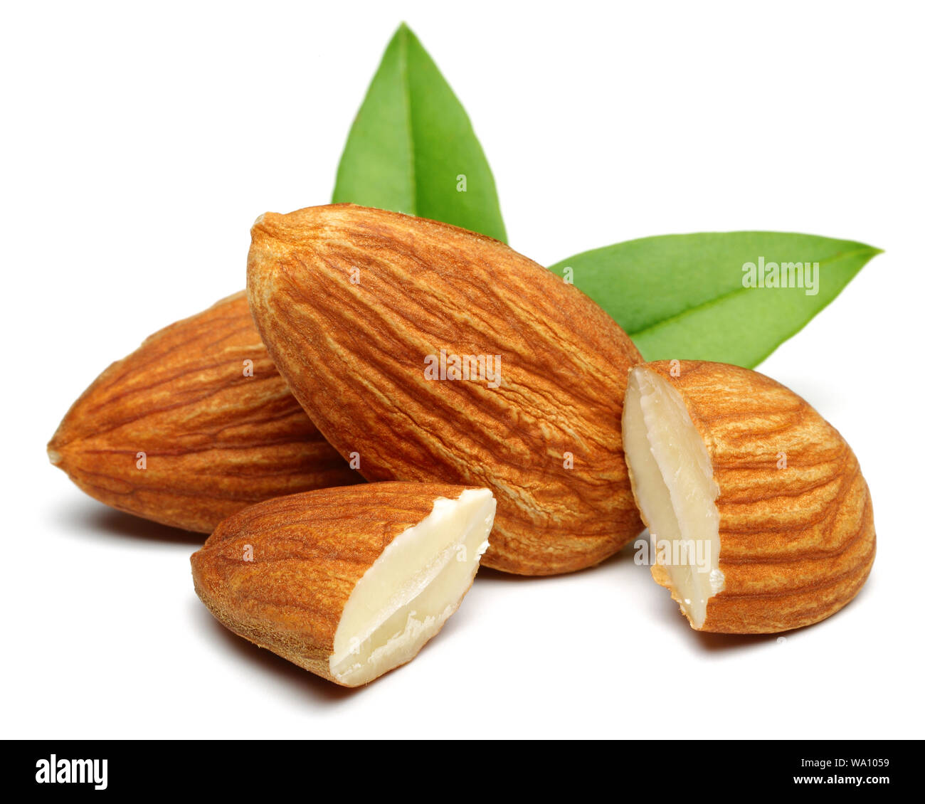Group of almonds with leaves isolated on white background Stock Photo ...