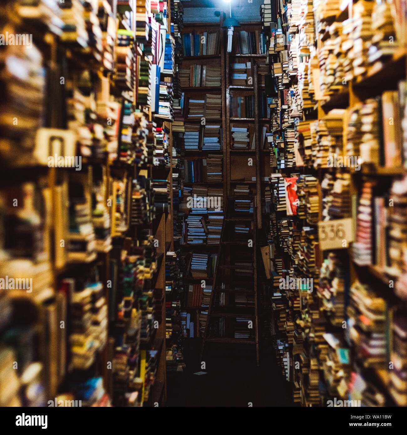 selective focus of vintage books on wooden shelves in library Stock ...