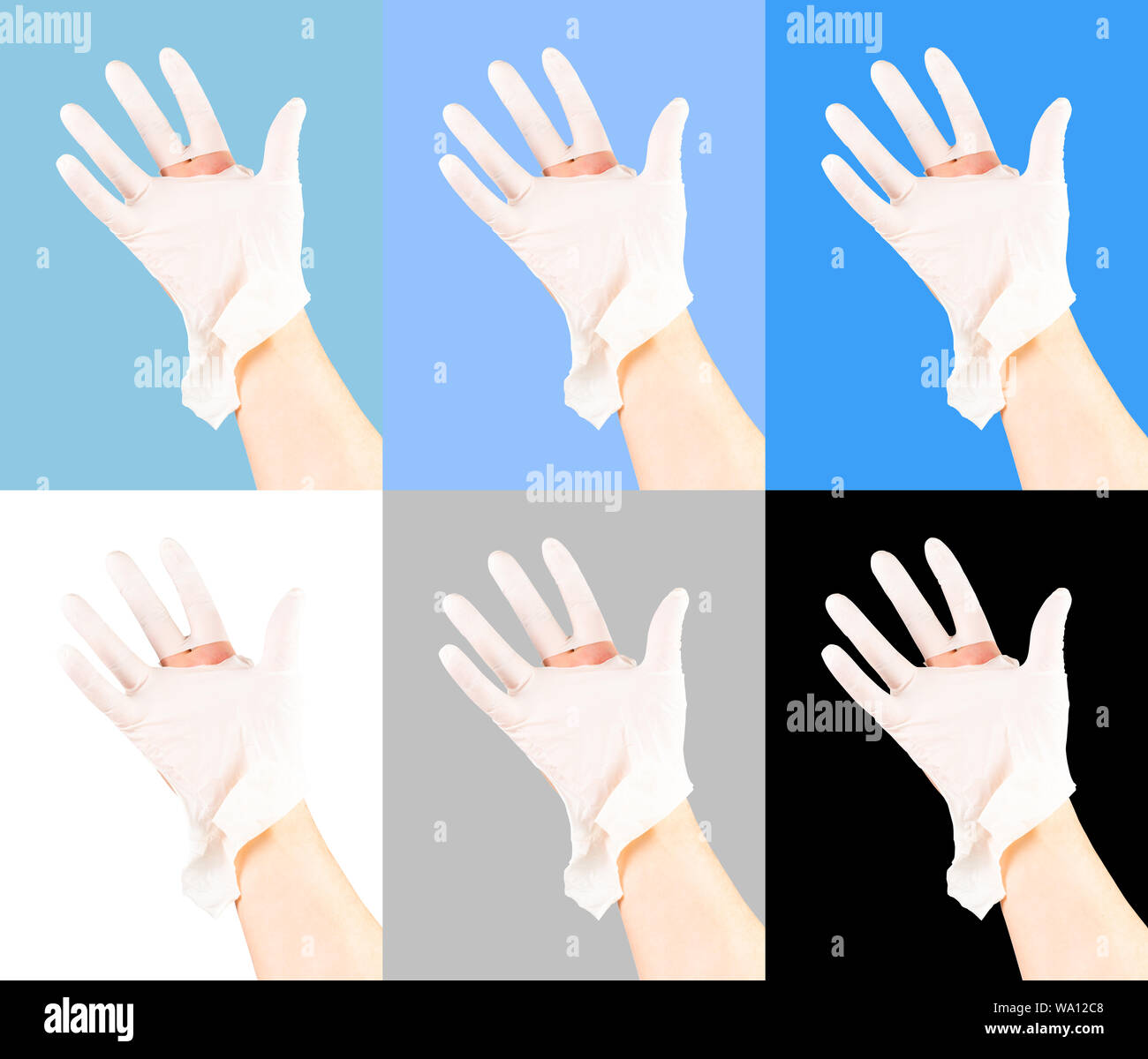 a set of broken white latex surgeon medical glove on caucasian hand ...