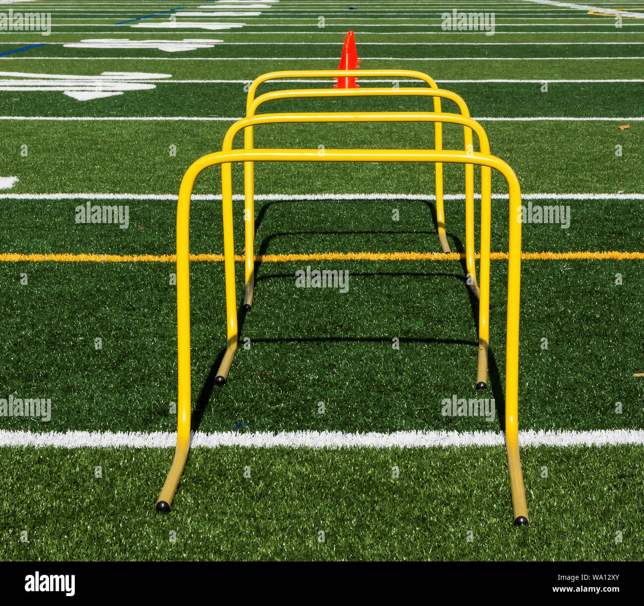 A close up of four yellow mini hurdles with orange cones behind them on a green turf field Stock ...