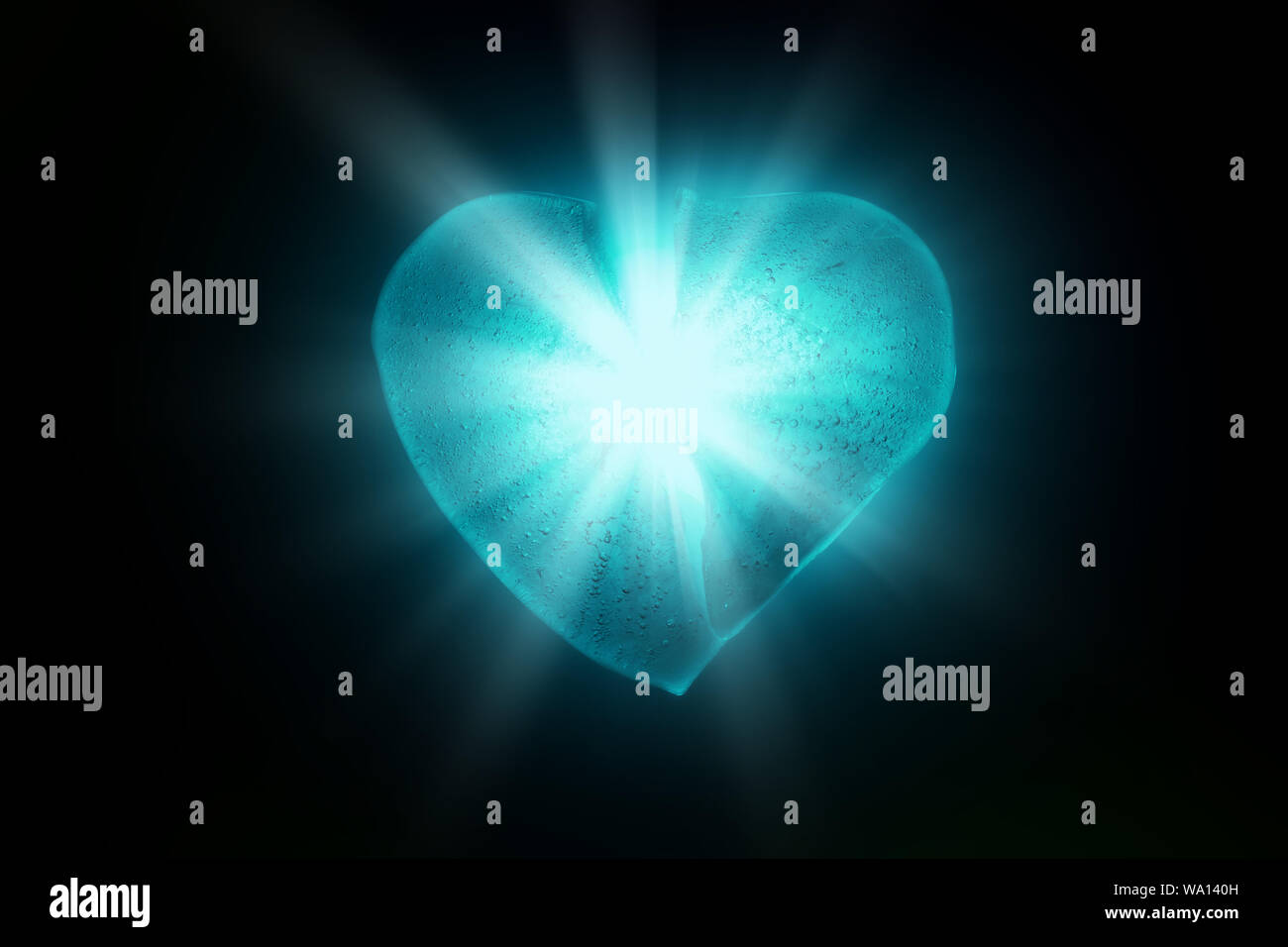 Ice frozen broken in half heart symbol of blue color close-up glowing ...