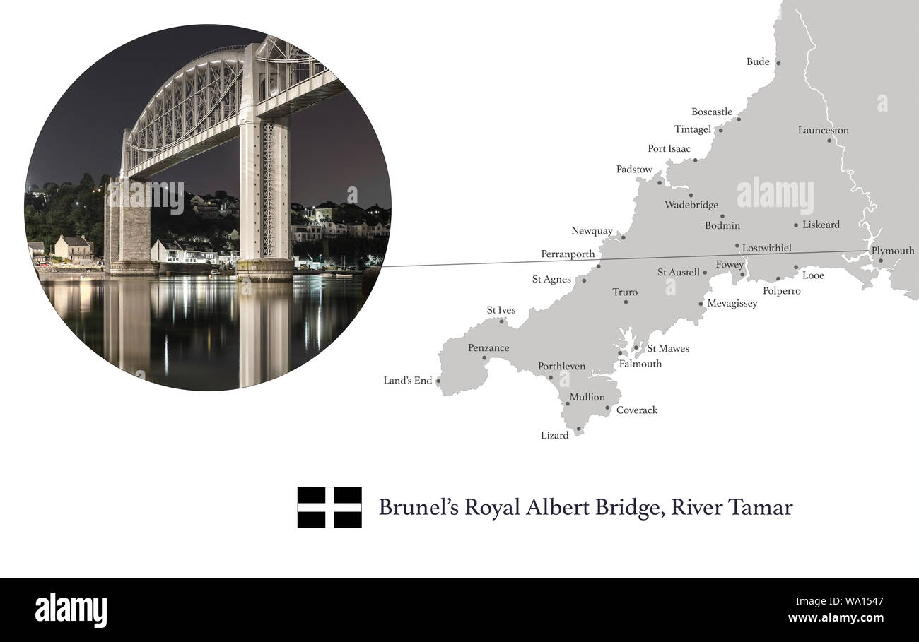 Map of Cornwall, featuring photographic image of Brunel's Royal Albert ...
